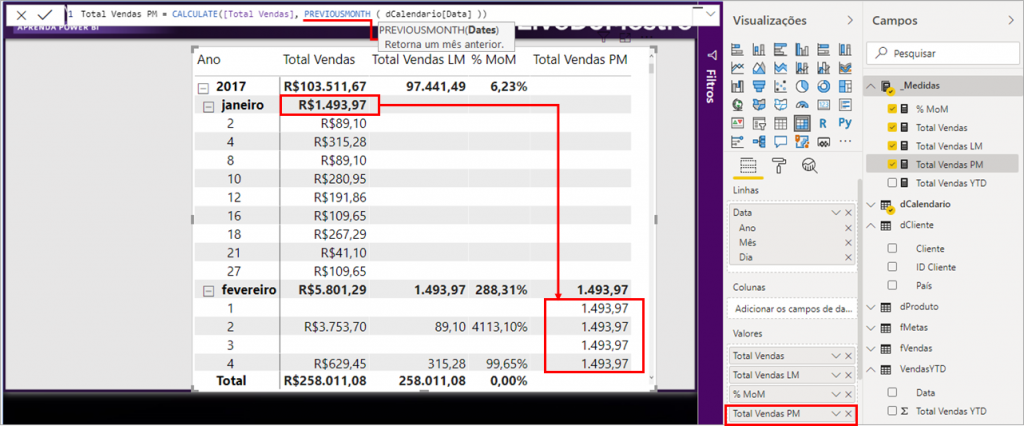 Funções DAX de Inteligência de Tempo (DATEADD, DATESYTD, PREVIOUSMONTH ...